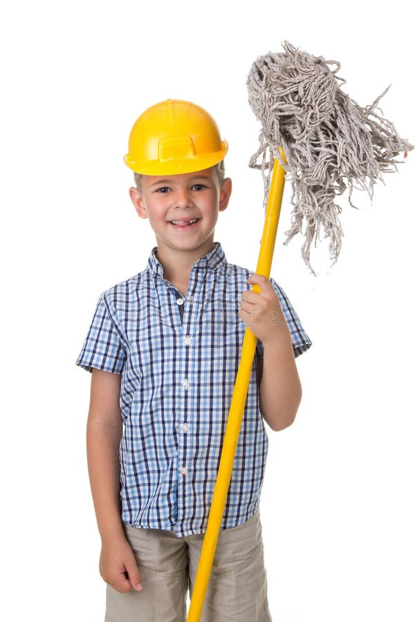 A Cute Boy in a Yellow Helmet with a Mop. Little Helper . Stock Image ...
