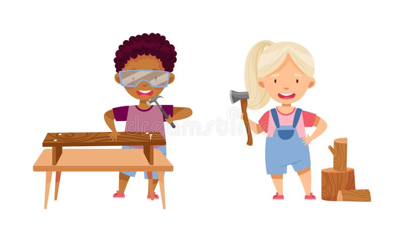 Cute Boys Doing Carpentry Work. Kids Working with Construction Tools at ...