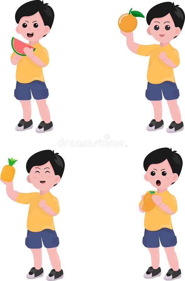 Cute Boys Playful Kid with Various Fruits. Stock Vector - Illustration ...