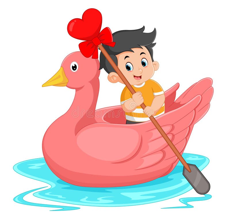 Cute Boys are Rowing on a Swan-shaped Boat Stock Vector - Illustration ...