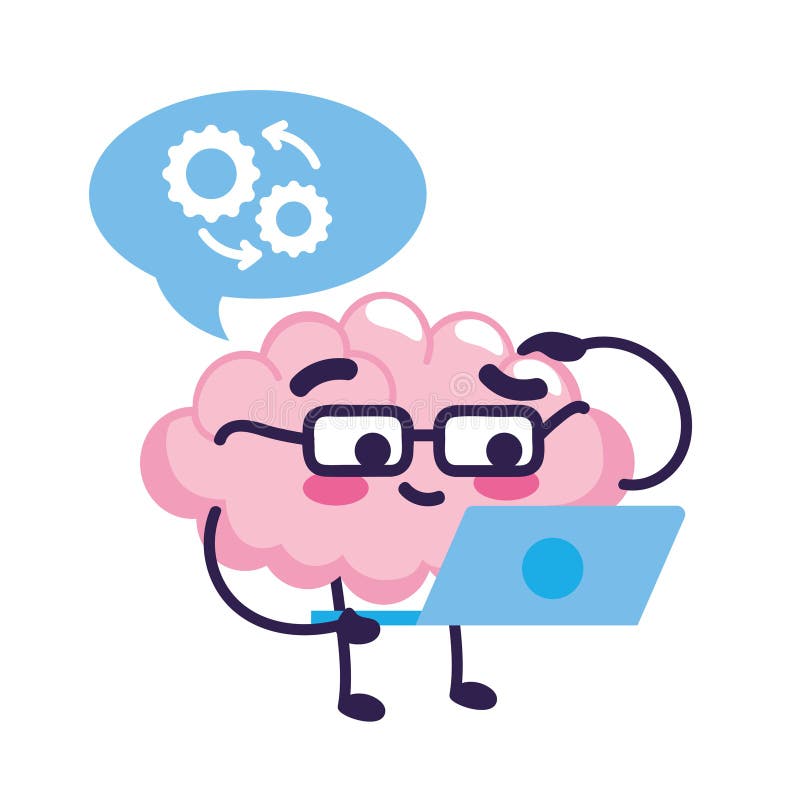 Cute Brain Working with Laptop Stock Vector - Illustration of health ...