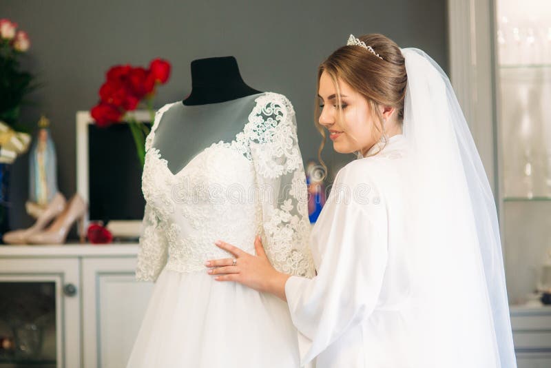 Cute Bride Dressed at Home in a Wedding Dress Stock Image - Image of ...