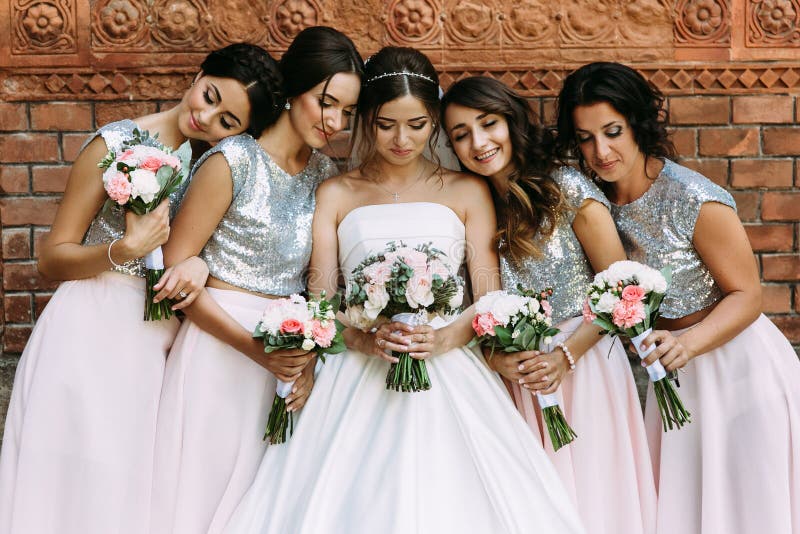 Cute Bridesmaids in the Stylish Dresses and a Bride Stock Image - Image ...