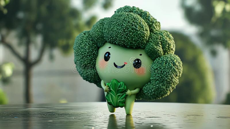 Cute Broccoli Character Holds a Leaf in a Sunny Garden Setting Dancing ...
