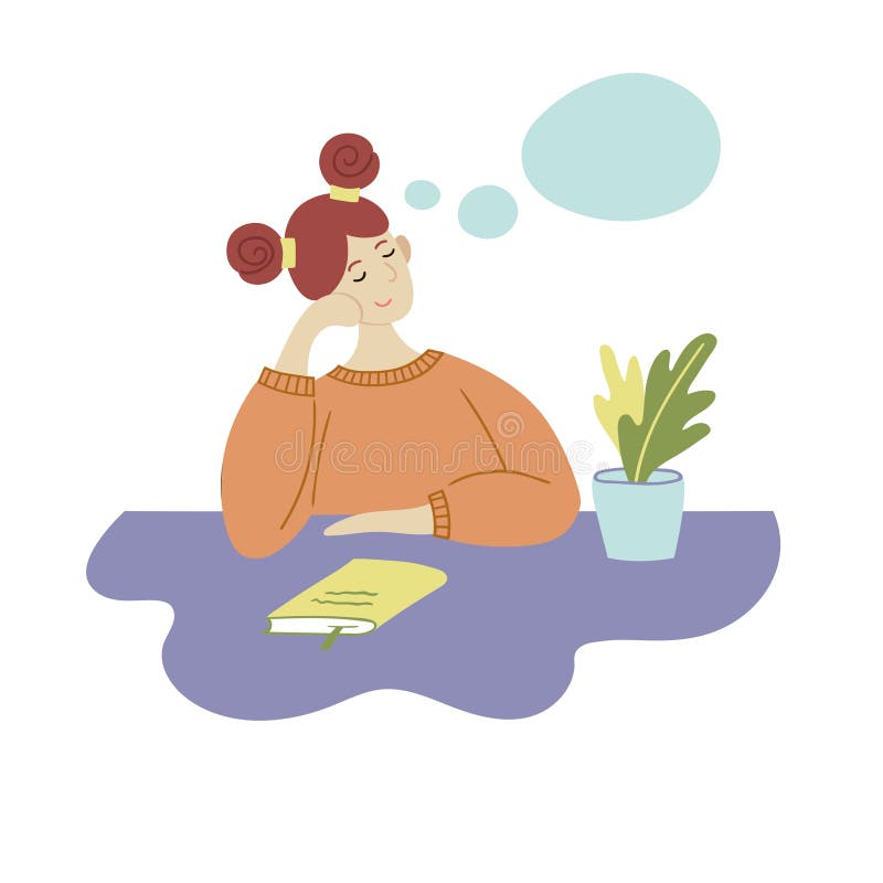 Cute Brooding Girl Sitting at the Table Stock Vector - Illustration of ...