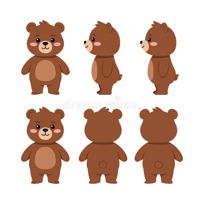 Cute Brown Bear Character Design in Flat Style Showcasing Multiple ...