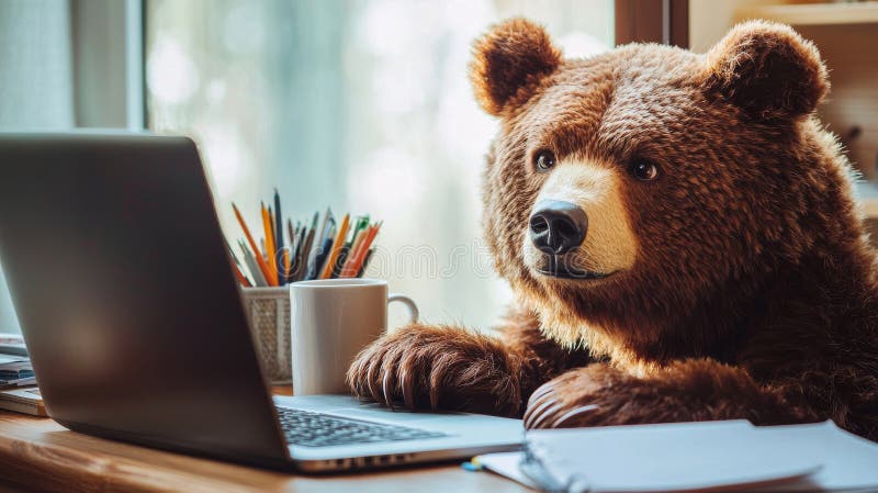 Cute Brown Bear Working on a Laptop in a Snug Office Environment. Stock ...