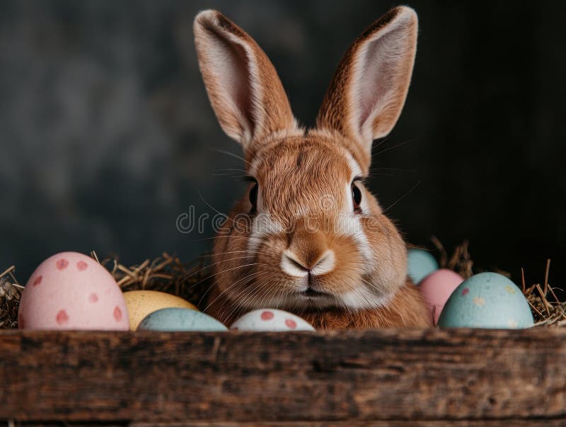 A Cute Brown Bunny with Easter Eggs in a Wooden Crate. Stock ...