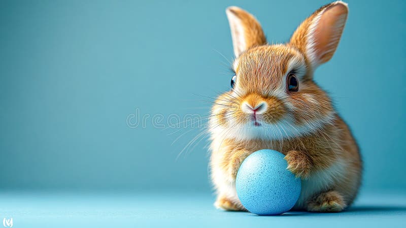 A Cute Brown Bunny Holds a Blue Easter Egg Against a Light Blue ...