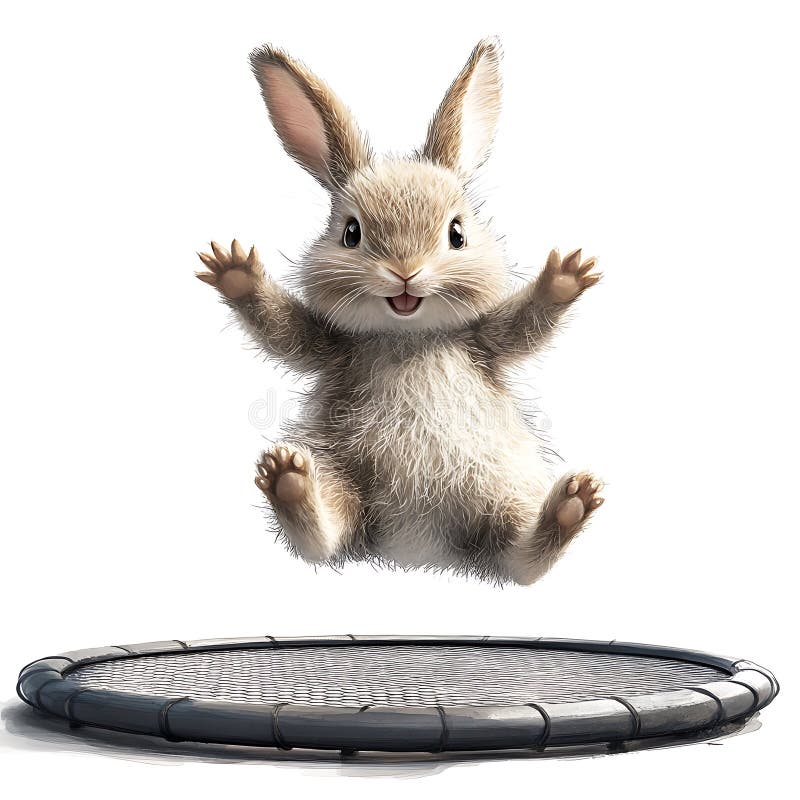 Cute Brown Bunny Joyfully Jumping on a Small Grey Trampoline Stock ...