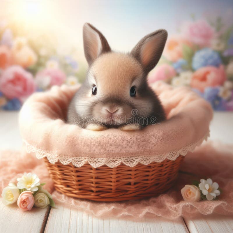 Cute Brown Bunny Rabbit in a Basket with Flowers Stock Illustration ...