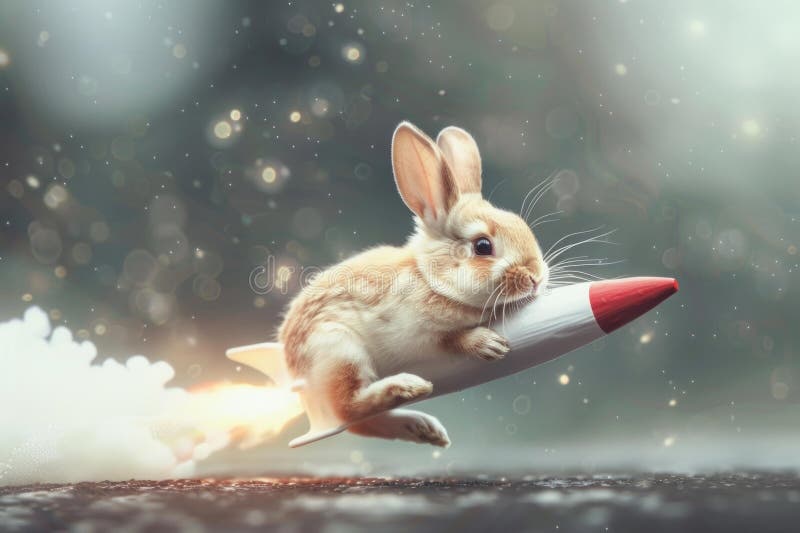 Cute Brown Bunny Rabbit Flying on a Rocket through the Air Stock Photo ...