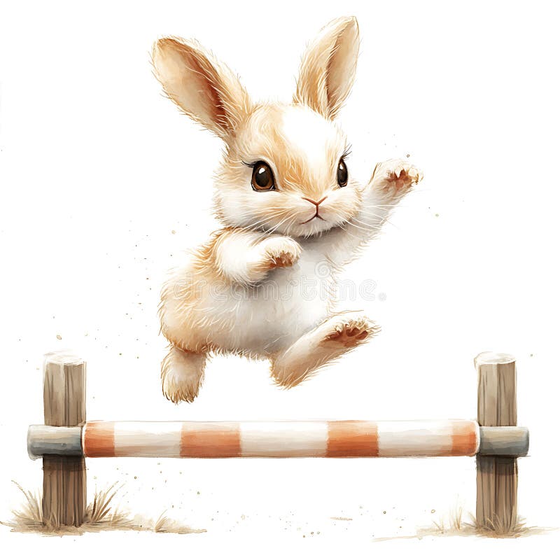 Cute Brown Bunny Rabbit Jumping Over a Low Orange and White Hurdle on ...