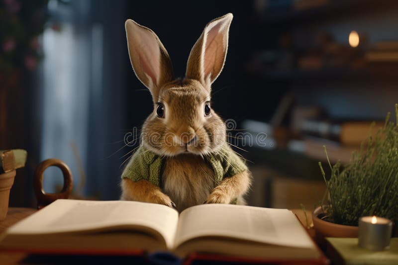 Cute Brown Bunny Rabbit Reading a Book in the Room Looks Diligent and ...