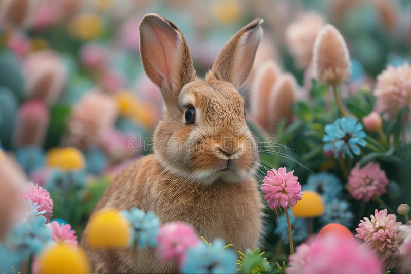 Cute Brown Bunny Surrounded by Colorful Spring Flowers Stock Image ...