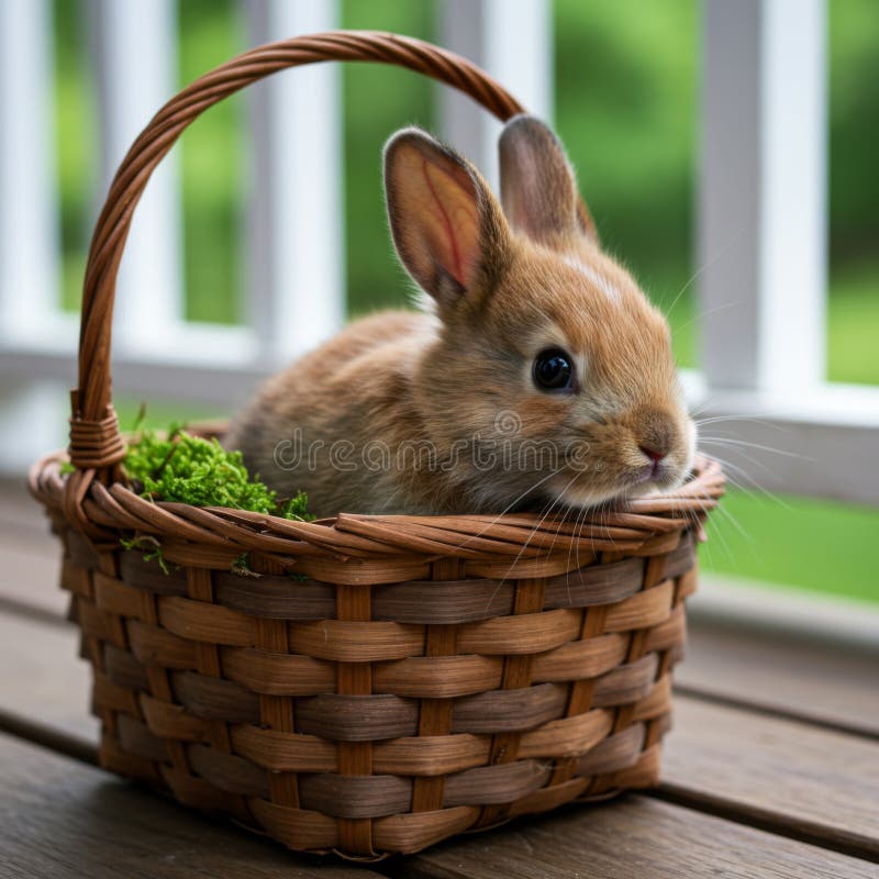 Cute Brown Bunny in a Wicker Basket Outdoors Stock Illustration ...