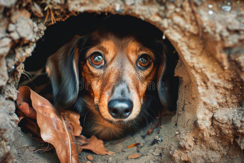 Cute Brown Dachshund Looking Out of a Rabbit Hole. Stock Illustration ...