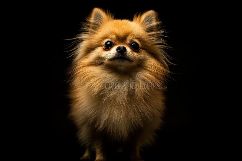 Cute Brown Fluffy Pomeranian Spitz Dog Front View on Black Background ...