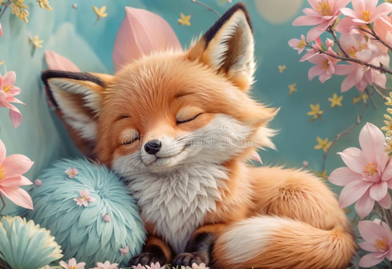 A Cute Brown Fox is Sleeping with Its Fluffy Tail with Blurry Pink and ...