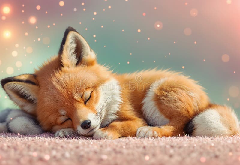 A Cute Brown Fox is Sleeping with Its Fluffy Tail with Blurry Pink and ...