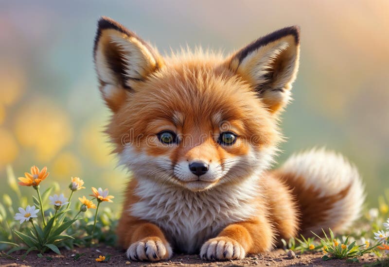 A Cute Brown Fox with Its Fluffy Tail Surrounded by Field of Flowers ...