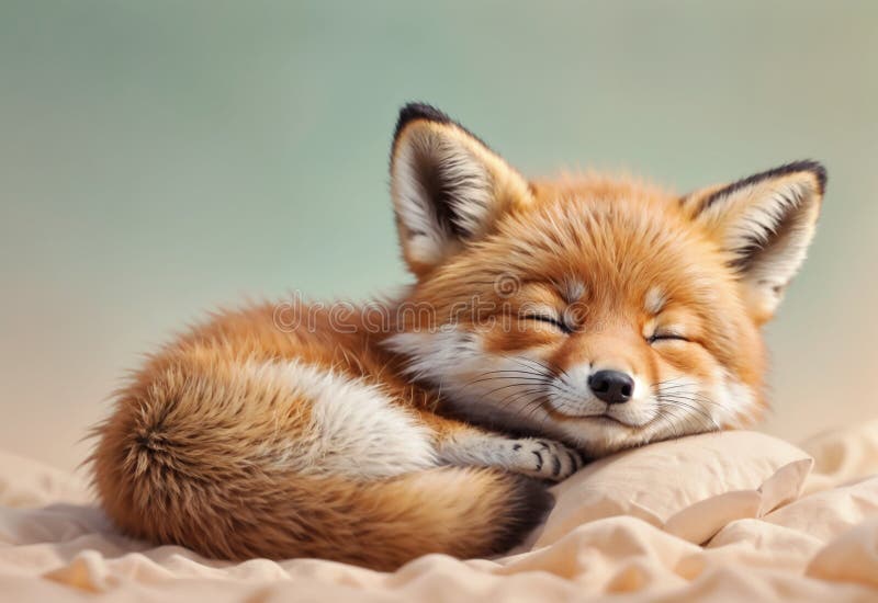 A Cute Brown Fox is Sleeping on a Pillow with Blurry Pastel Background ...