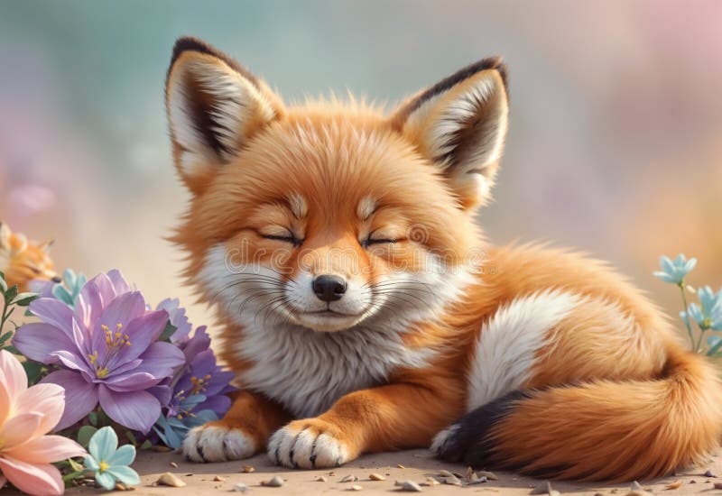 A Cute Brown Fox is Sleeping with Its Fluffy Tail Surrounded by Field ...