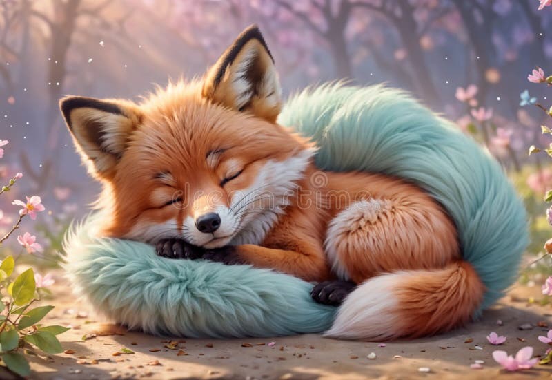 A Cute Brown Fox is Sleeping with Its Fluffy Tail Surrounded by Field ...