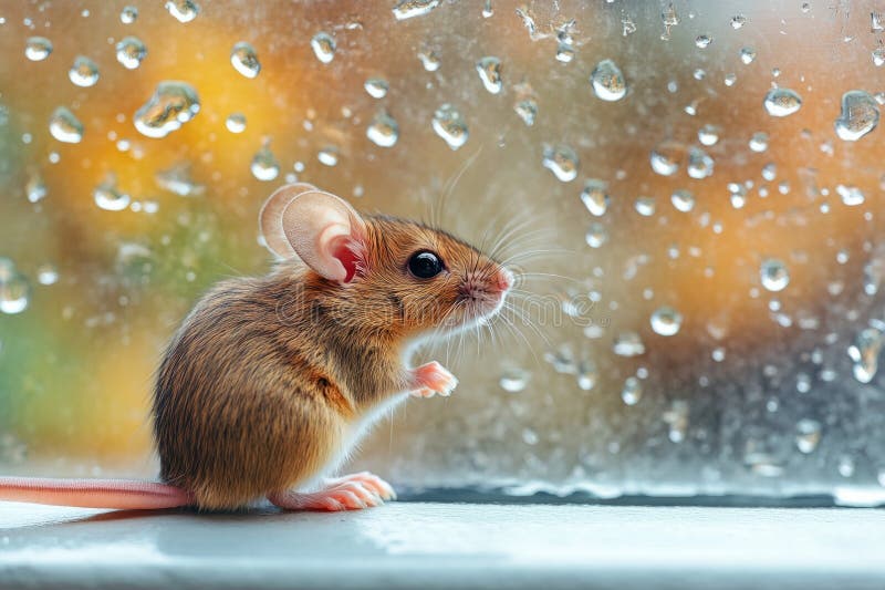Cute Brown House Mouse Looking through Rainy Window on a Cold Autumn ...