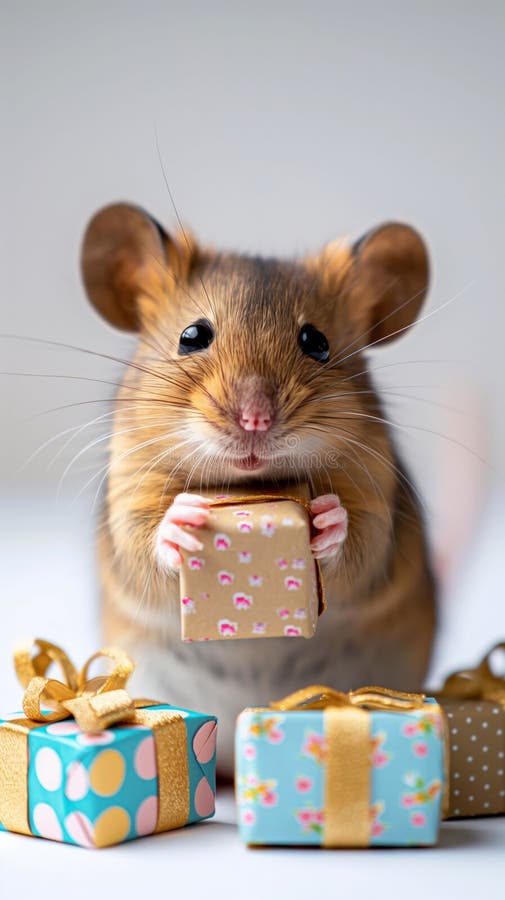 Small Brown Mouse Holding a Miniature Wrapped Gift Box in Its Paws ...