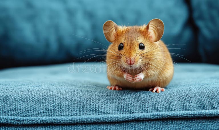 Cute Brown Mouse Sitting on Blue Couch with Curious Expression and ...