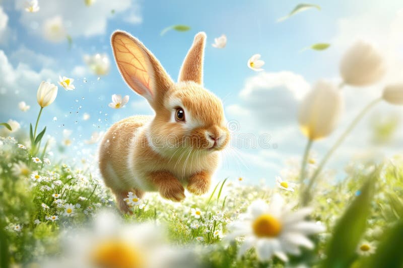 Cute Brown Rabbit in Colorful Meadow with Spring Flowers and Blue Sky ...