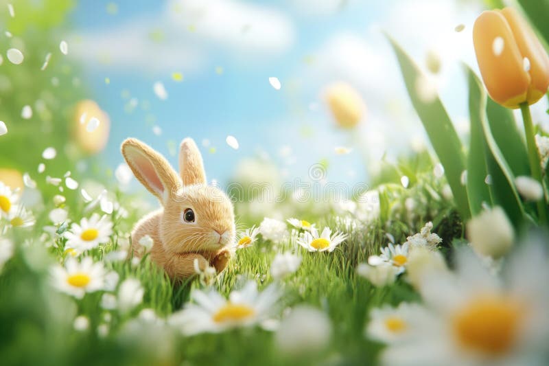 Cute Brown Rabbit in Colorful Meadow with Spring Flowers and Blue Sky ...
