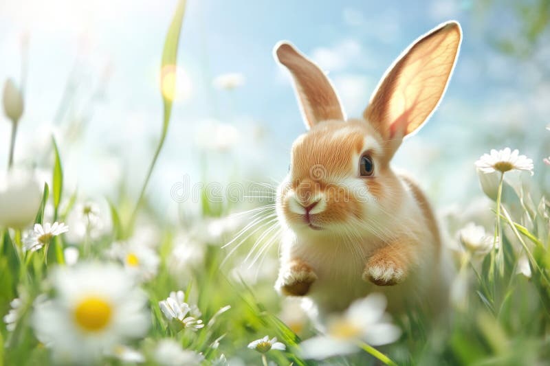 Cute Brown Rabbit in Colorful Meadow with Spring Flowers and Blue Sky ...