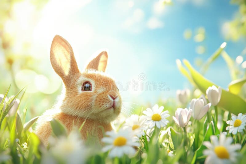 Cute Brown Rabbit in Colorful Meadow with Spring Flowers and Blue Sky ...