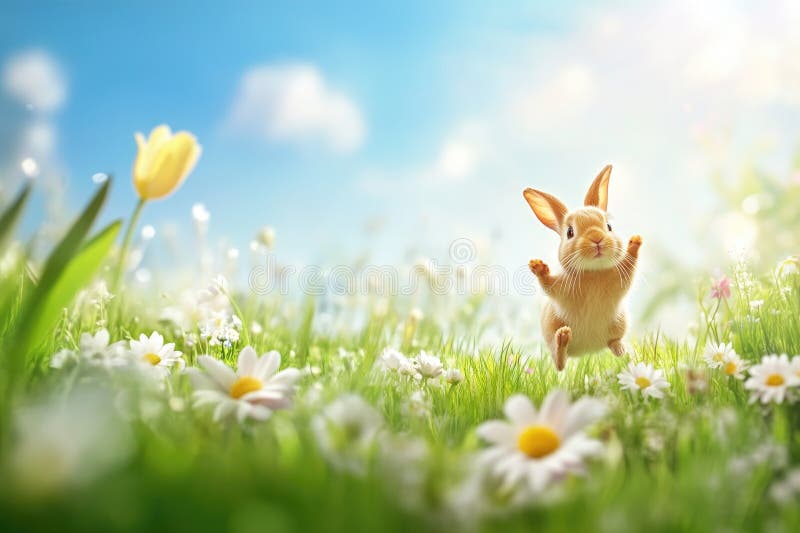 Cute Brown Rabbit in Colorful Meadow with Spring Flowers and Blue Sky ...