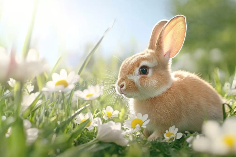 Cute Brown Rabbit in Colorful Meadow with Spring Flowers and Blue Sky ...
