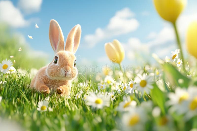 Cute Brown Rabbit in Colorful Meadow with Spring Flowers and Blue Sky ...