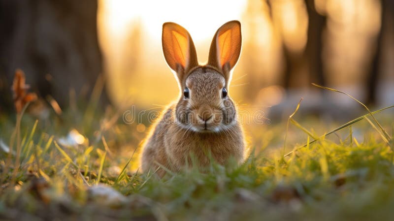 A Cute Rabbit in Grass with Sunset Stock Illustration - Illustration of ...