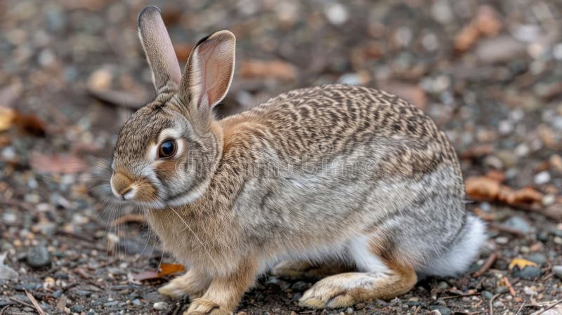 A Cute Brown Rabbit with Long Ears Standing on a Gravel Path, Looking ...