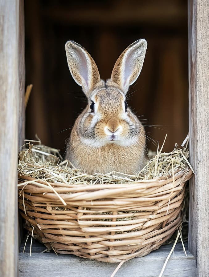 Cute Brown Rabbit Resting in Wicker Basket with Hay Stock Image - Image ...