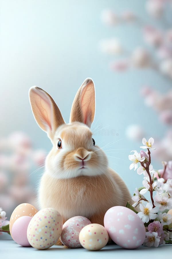 Cute Brown Rabbit Sitting beside Pastel Easter Eggs and Soft Pink ...