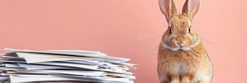 Cute Brown Rabbit and Stack of Paperwork on Pink Background Concept of ...