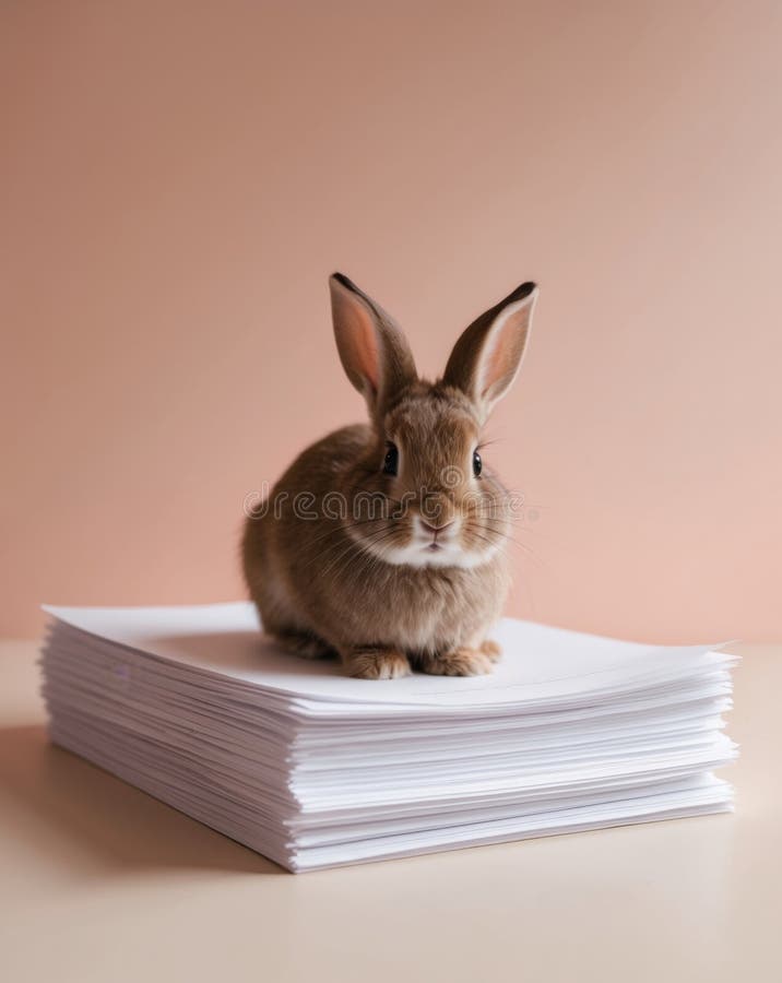 Cute Brown Rabbit and Stack of Paperwork on Pink Background Concept of ...