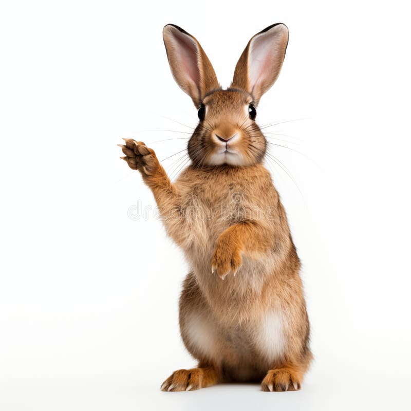 Cute Brown Rabbit Standing and Waving on White Background Stock ...