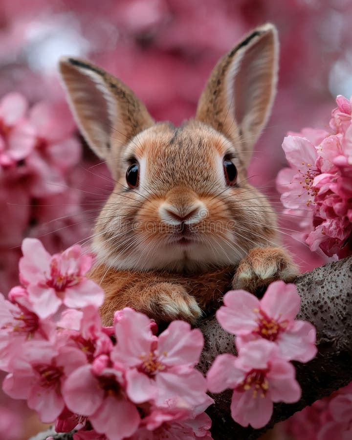 A Cute Brown Rabbit Surrounded by Pink Cherry Blossoms. Stock ...