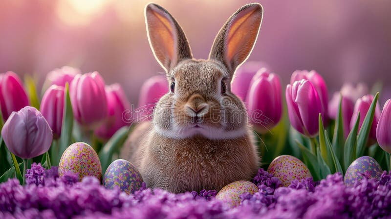 Cute Brown Rabbit Surrounded by Pink Tulips and Decorated Easter Eggs ...