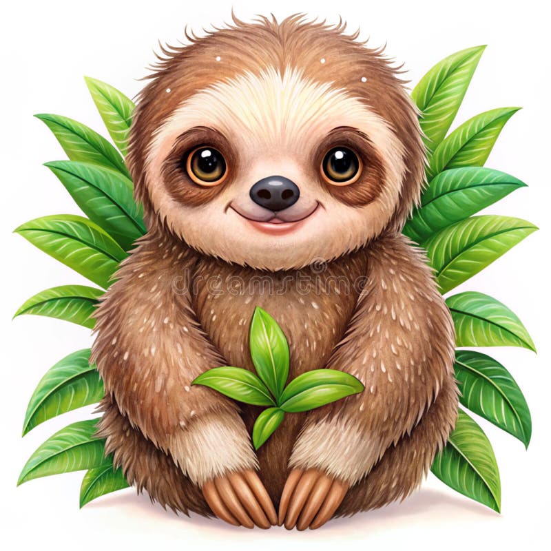 Cute Brown Sloth with Green Leaves Isolated on White Background Stock ...