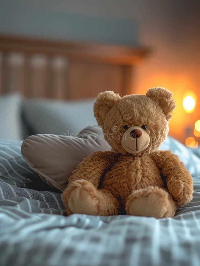 A Cute Brown Teddy Bear on Bed Stock Illustration - Illustration of ...
