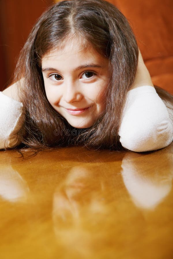 Cute Brunette Girl Sitting at Table Stock Image - Image of positive ...